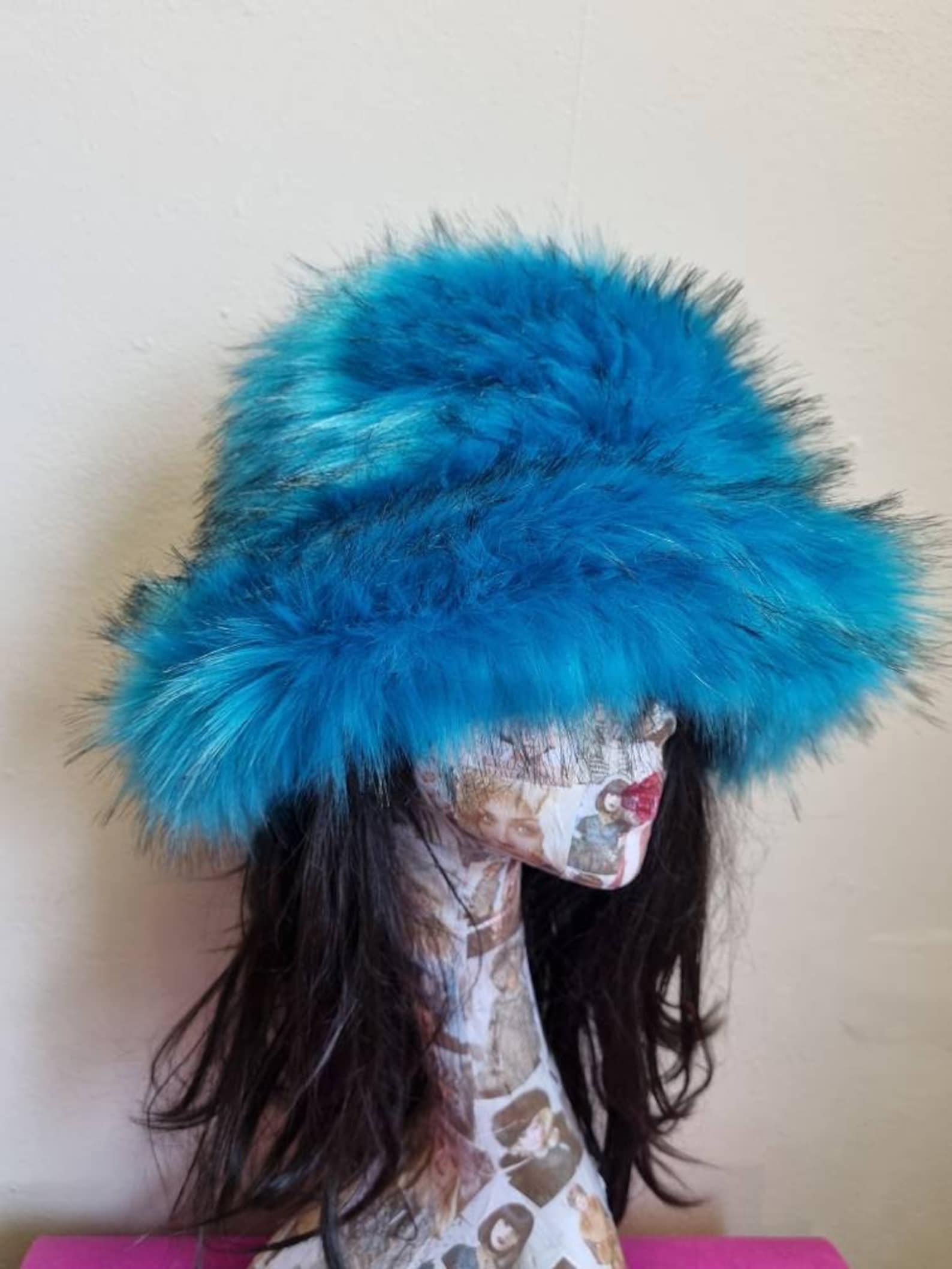 Super Fluffy Turquoise Blue Fuzzy Bucket Hat-blue Fake Fur Hat-festival ...
