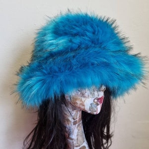 Super Fluffy Turquoise Blue Fuzzy Bucket Hat-blue Fake Fur Hat-festival ...