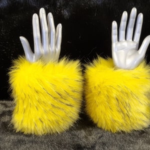 Fluffy Canary Yellow Faux Fur Cuffs- Faux Suede Lining and Elasticated ...