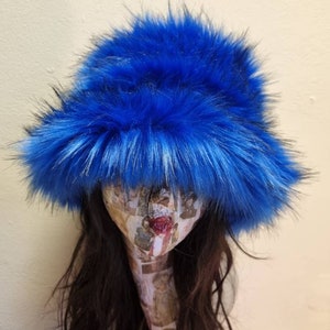 Super Fluffy Royal Blue Luxury Faux Fur Bucket Hat-deep Blue-fuzzy ...