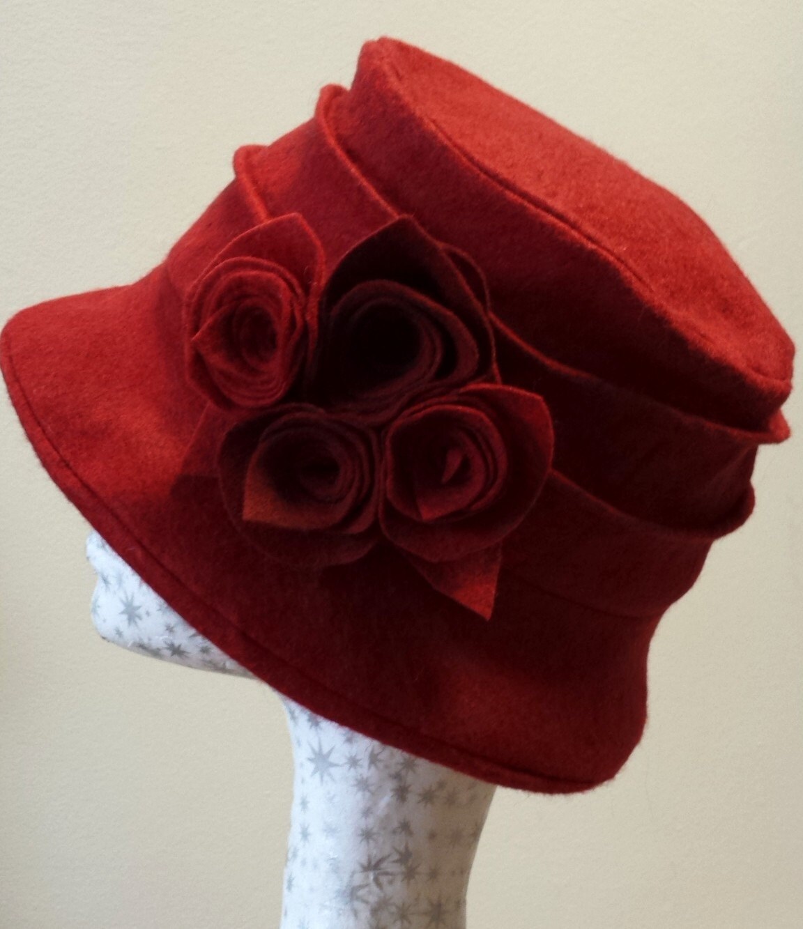 Red Felt Cloche Hat With Four Flowers and Cosy Fleece Lining