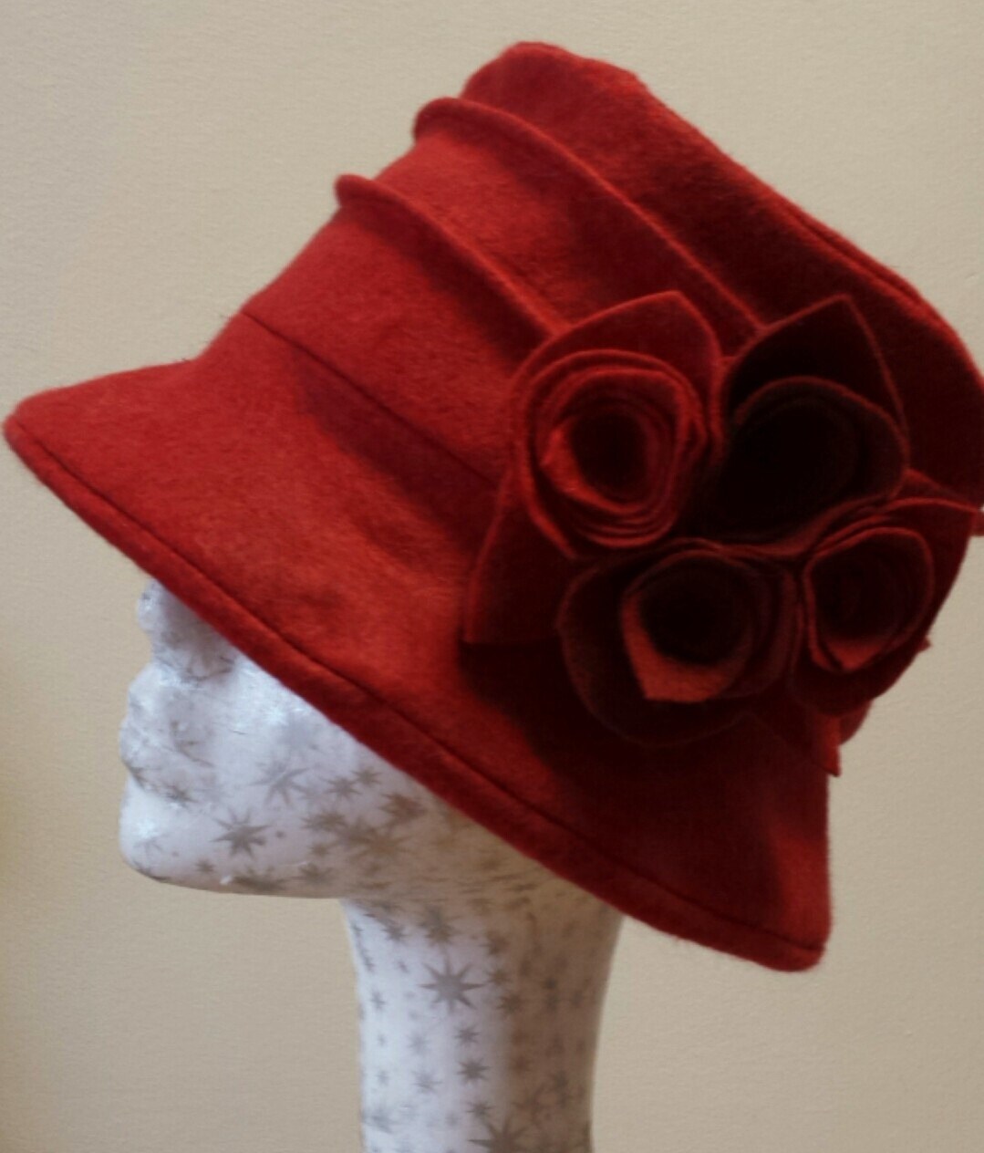 Red Felt Cloche Hat With Four Flowers and Cosy Fleece Lining