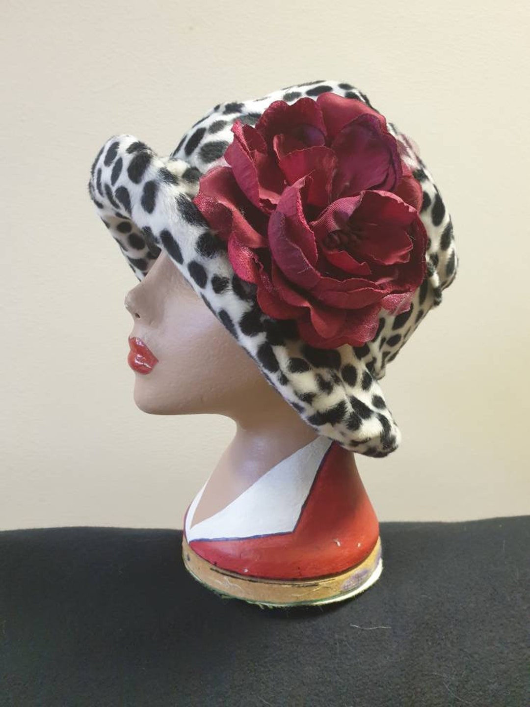 Dalmation Print Faux Fur Hat With Raspberry Peony Brooch-polar - Etsy