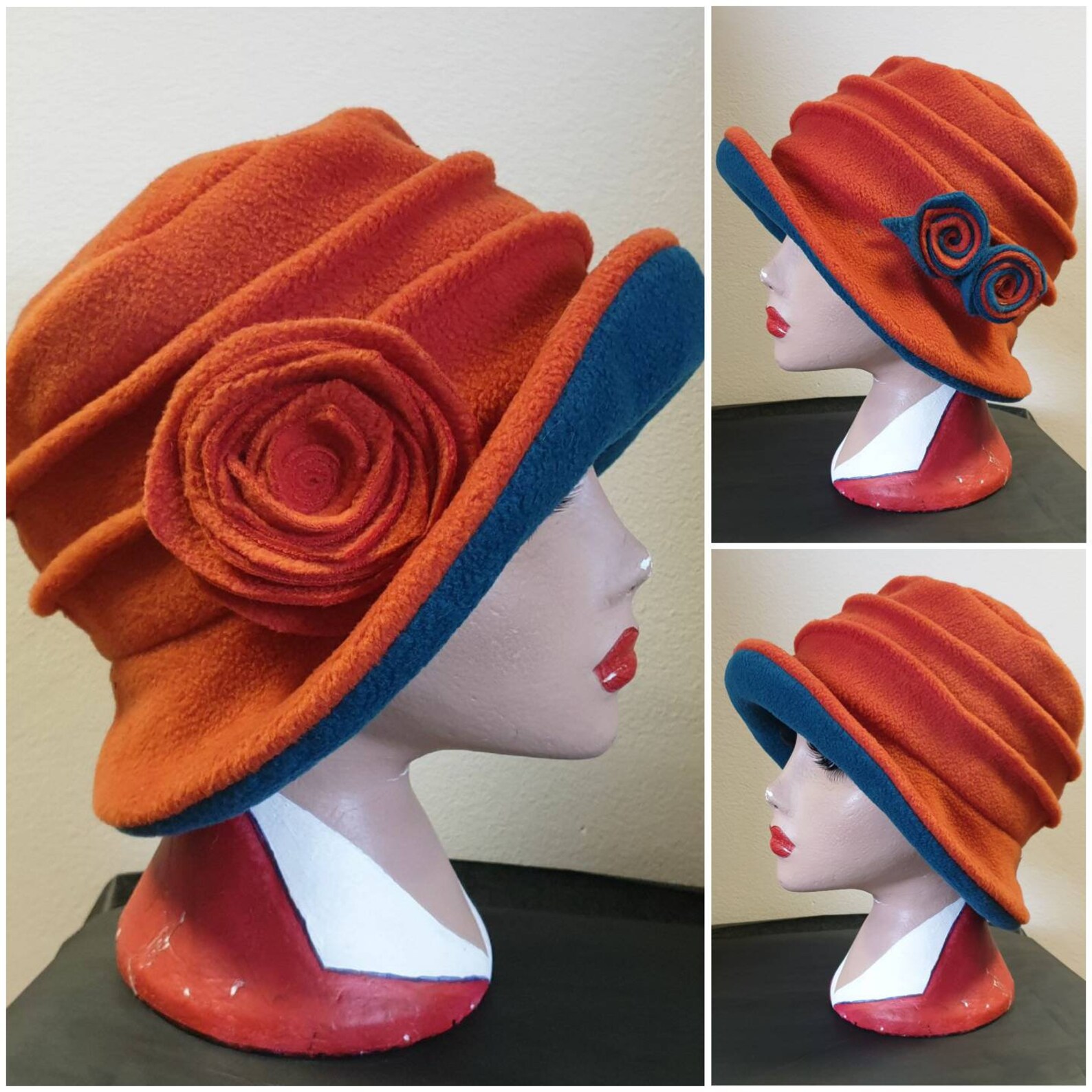 Burnt Orange/teal Fleece Hat- Lined With Polar Fleece-downton Abbey Hat ...
