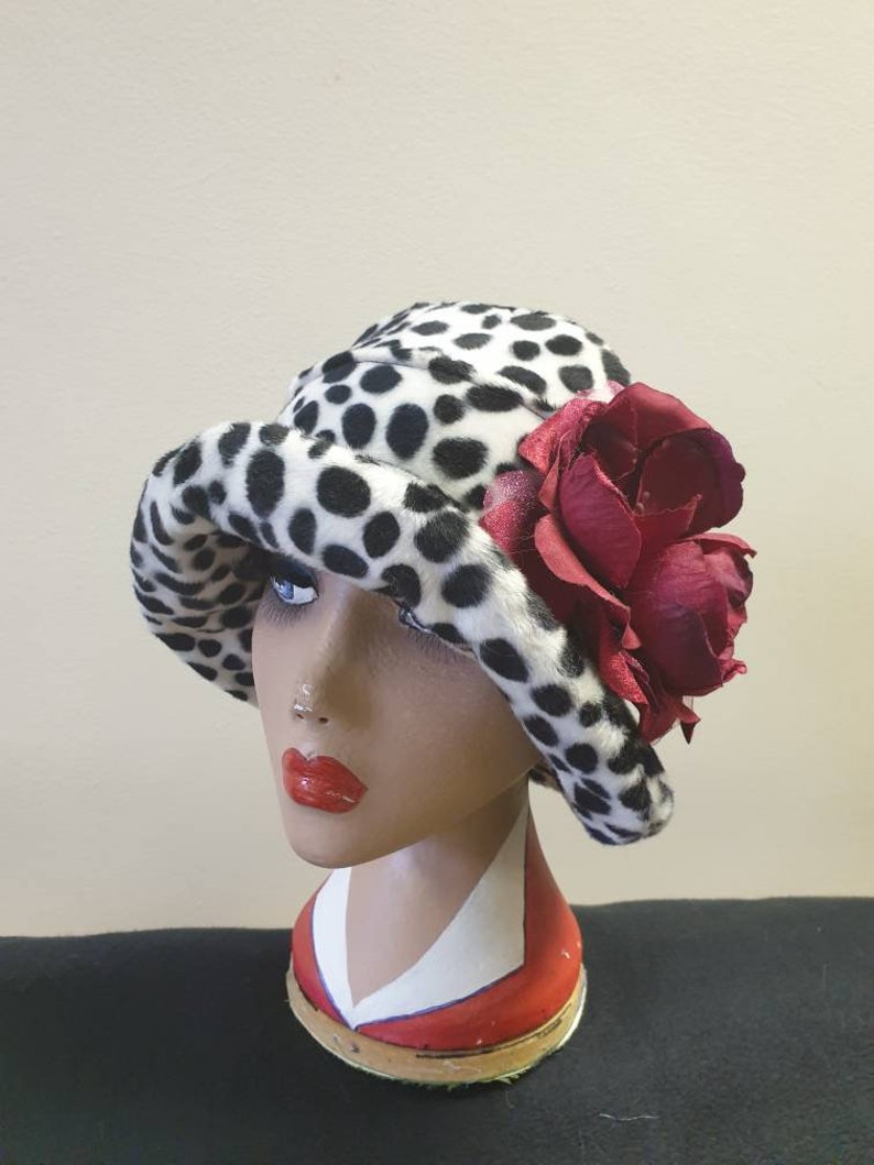 Dalmation Print Faux Fur Hat With Raspberry Peony Brooch-polar - Etsy