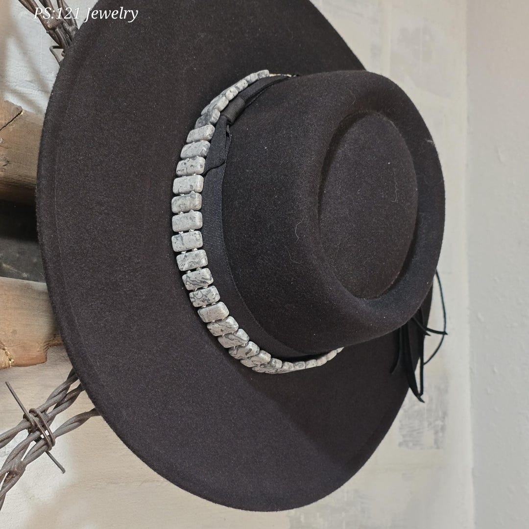 High Desert Ash-grey Jasper Stone Hatband With Black Leather – Western ...
