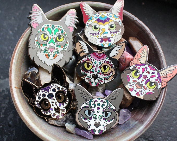 Sugar Skull Cats Enamel Pins, Full Set of 6 - Etsy