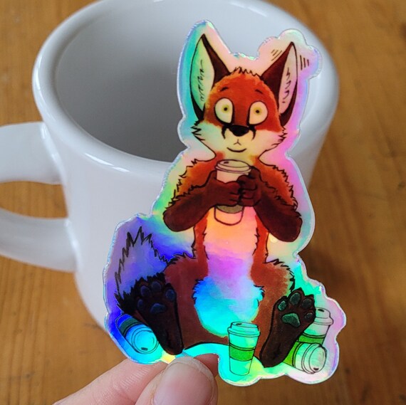 Coffee Fox Holographic Vinyl Sticker - Etsy