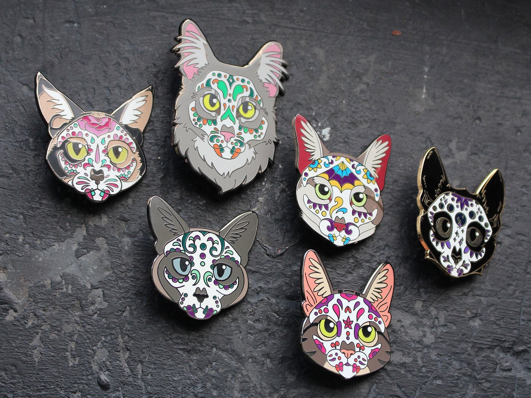 Sugar Skull Cats Enamel Pins Full Set of 6 | Etsy