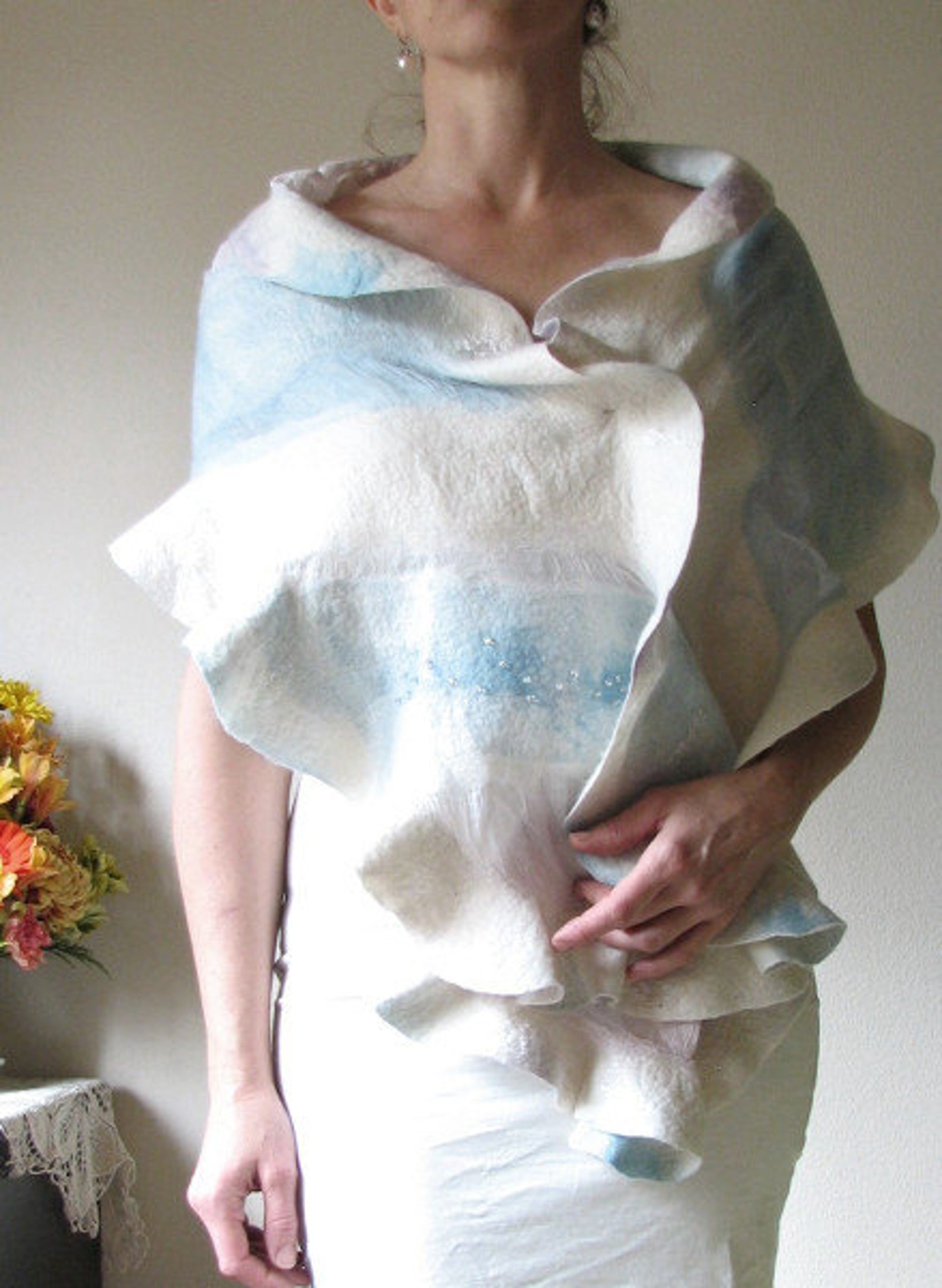 Felted Shawl Scarf Wrap Felt Stole Neckpiece Nuno Felt White Blue Lilac ...