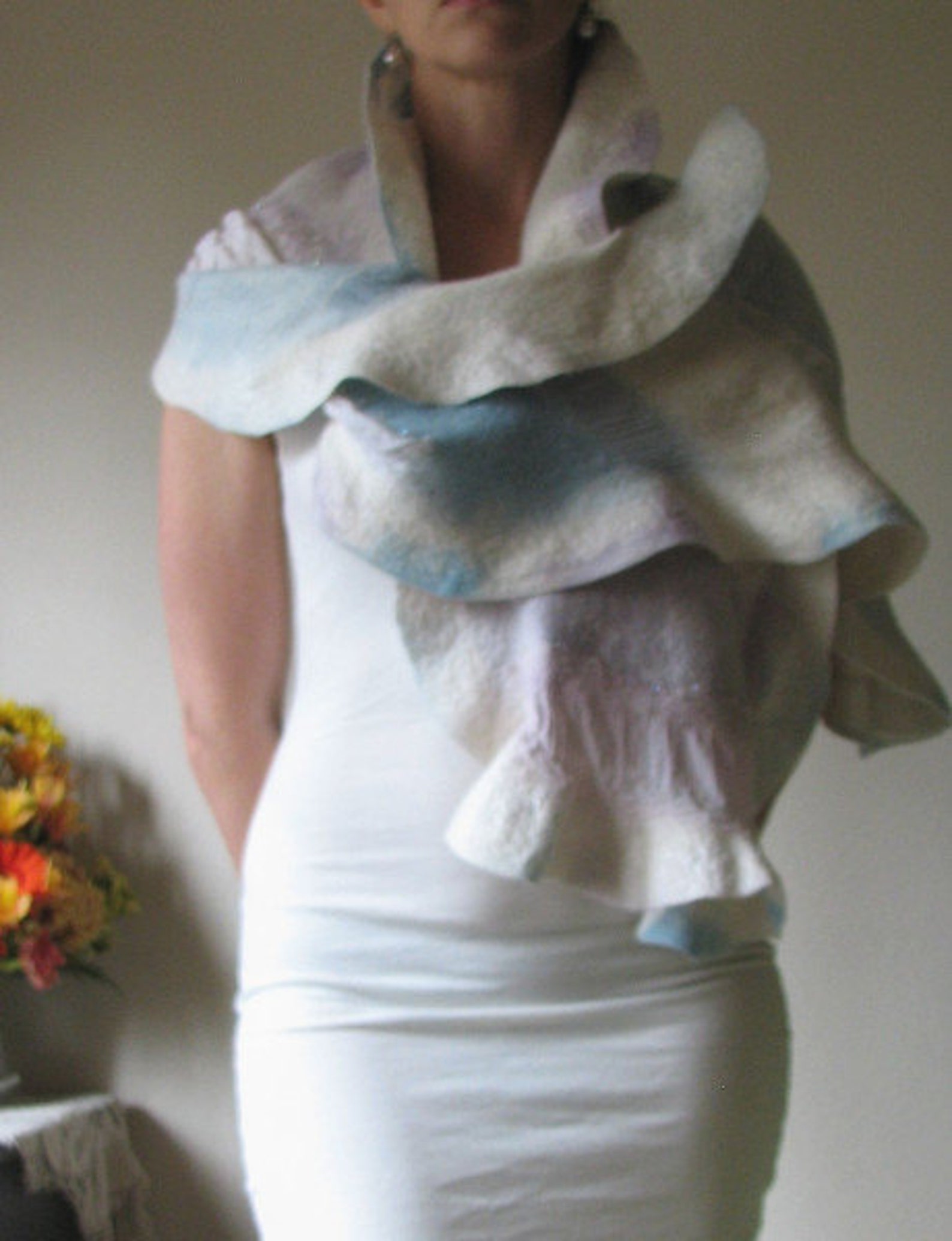 Felted Shawl Scarf Wrap Felt Stole Neckpiece Nuno Felt White Blue Lilac ...