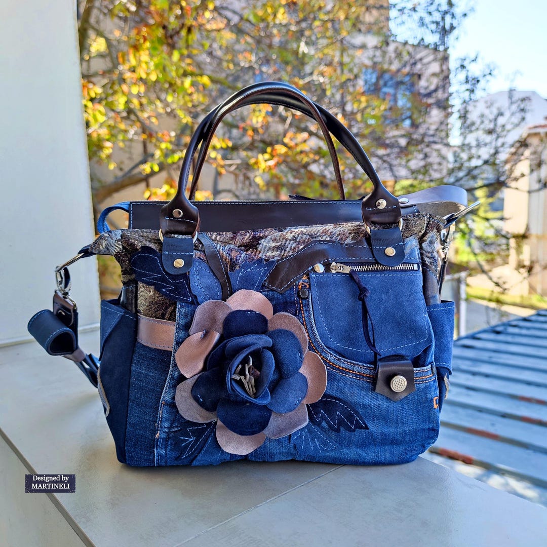 Reserved!blue Leather Shoulder Floral Hand Bag Elegant Denim Purse ...