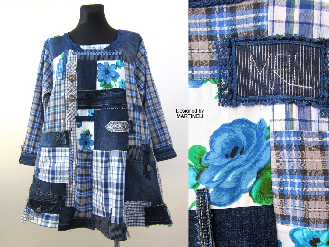 Plus Size Patchwork Dress 2X Upcycled Denim Dress for Women Blue Cotton ...