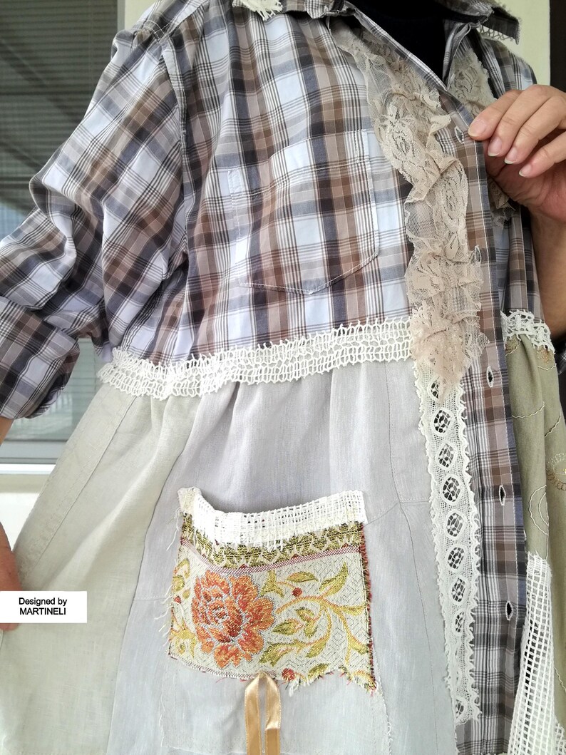 Plus Size Upcycled Linen Duster, 2XL Boho Lace Embroidered Maxi Dress ...