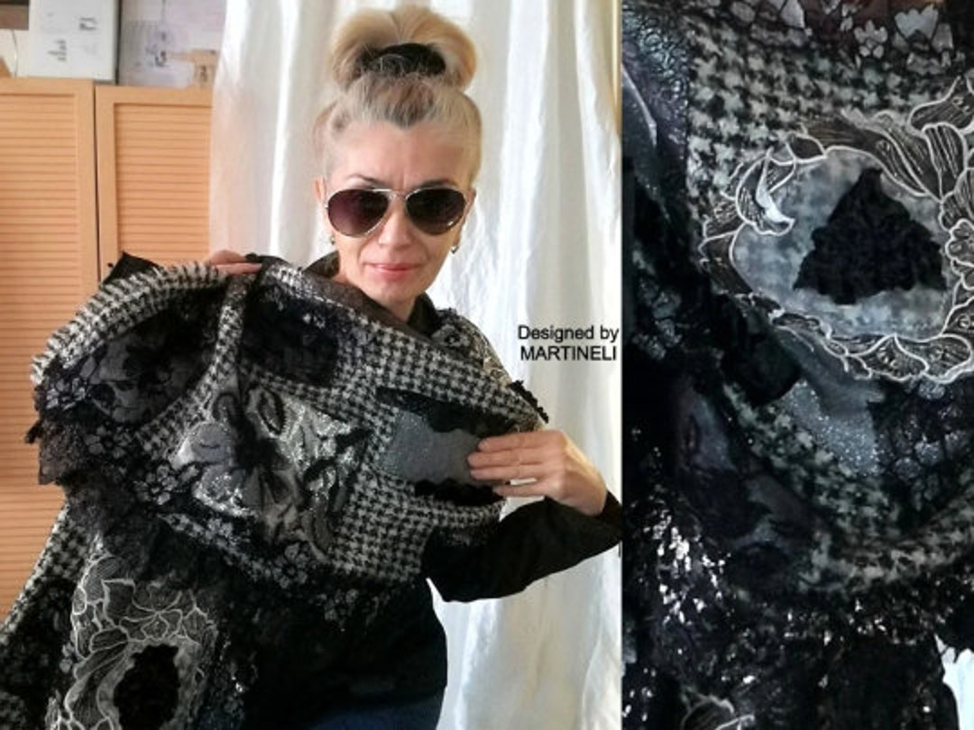 Long Embroidered Shawl Upcycled Warm Scarf for Women Patchwork Denim ...