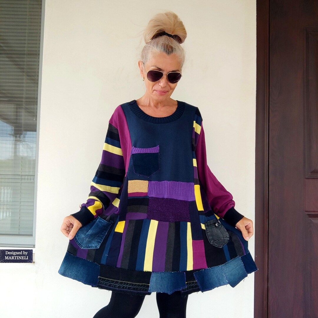 Plus Size Sweater Dress 3X Upcycled Patchwork Denim Tunic Dress ...