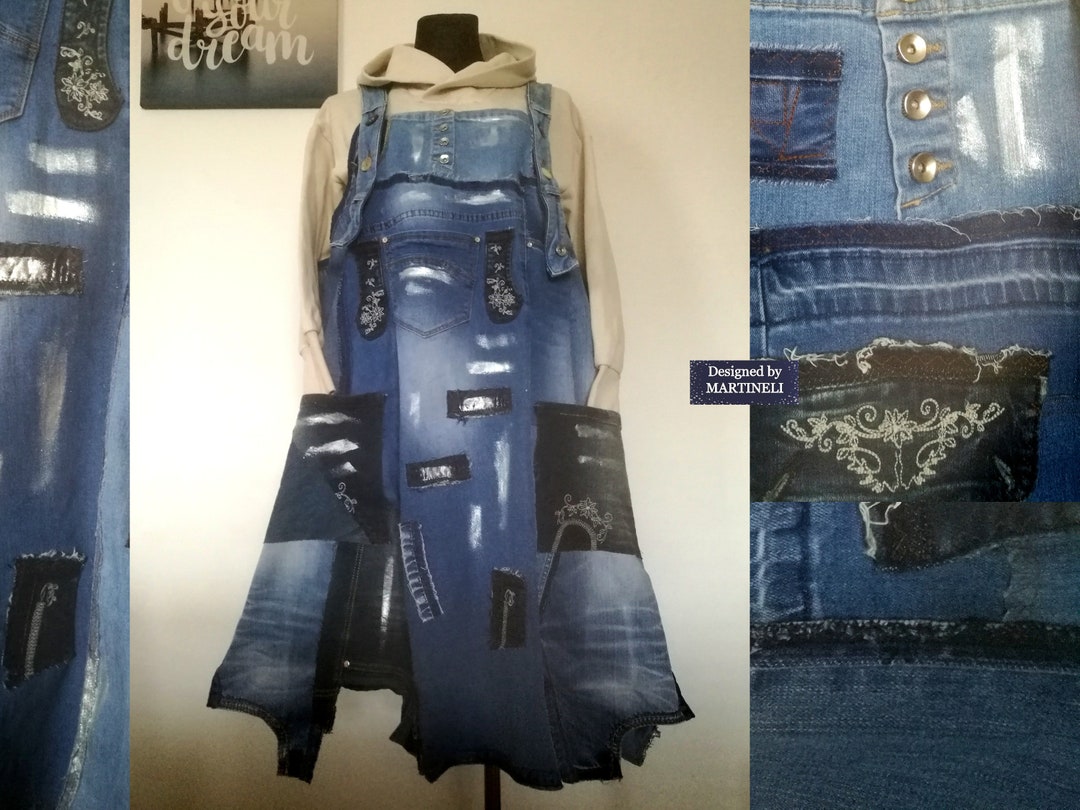 Plus Size Denim Jumper Dress 3XL Upcycled Long Denim Dungarees for ...