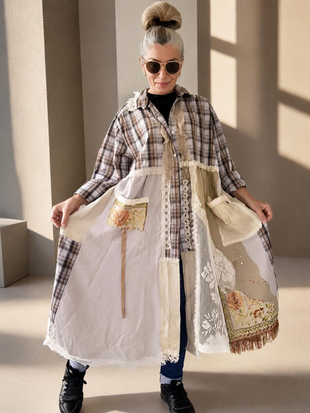 Plus Size Upcycled Linen Duster, 2XL Boho Lace Embroidered Maxi Dress ...