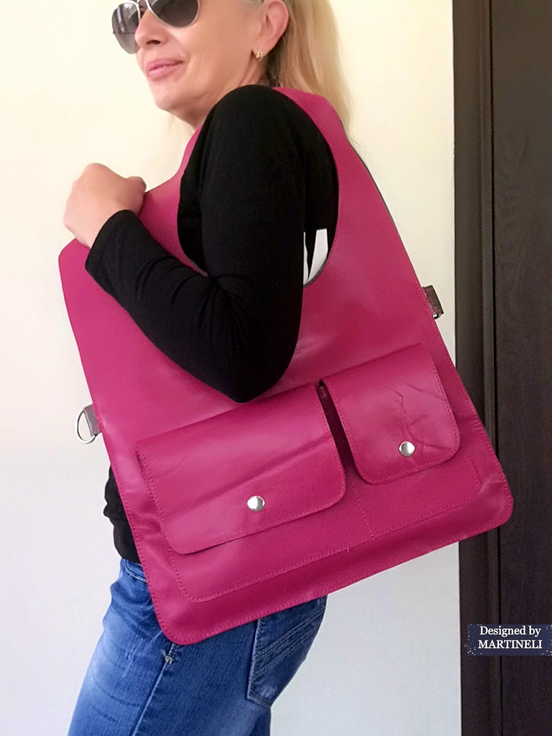 Pink Leather Shoulder Bag Large Elegant Leather Tote Convertible Purse ...