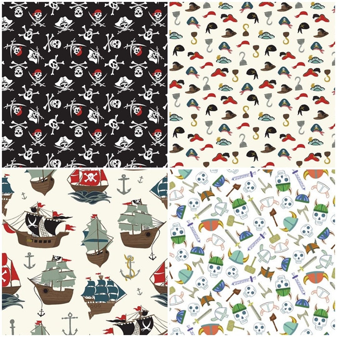 ARRR Matey Pirate, Vikings, Skulls, Ships, Hats 100% Cotton Fabrics for ...