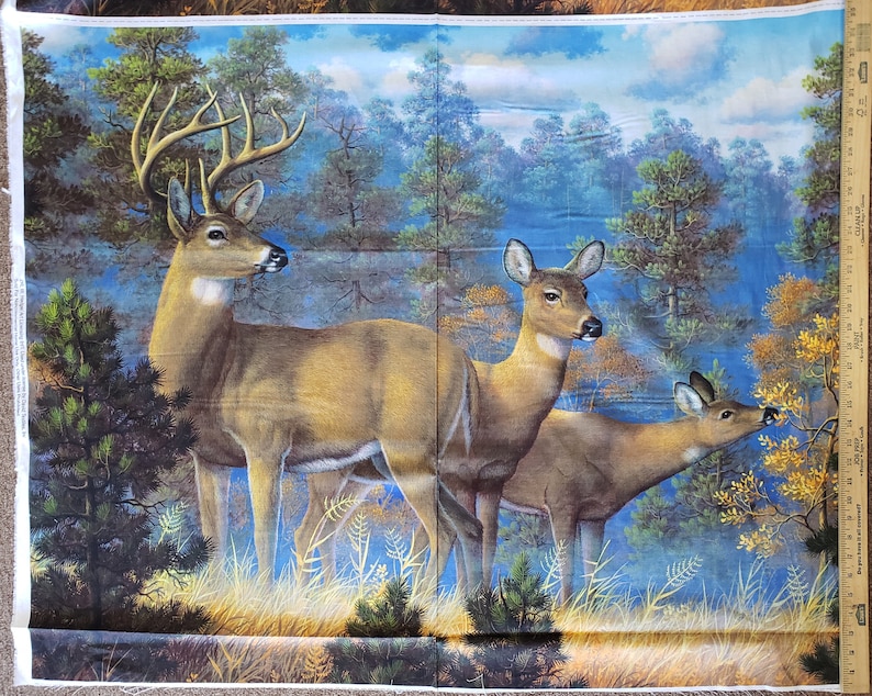 Scenic Deer, Buck, Doe 100% Cotton Fabric 1 Yard Panels by David ...