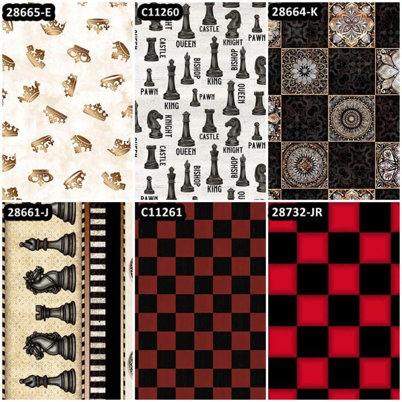 SALE by the Yard - Chess Fabric Checkmate, Check, Bishop, Night, Queen ...