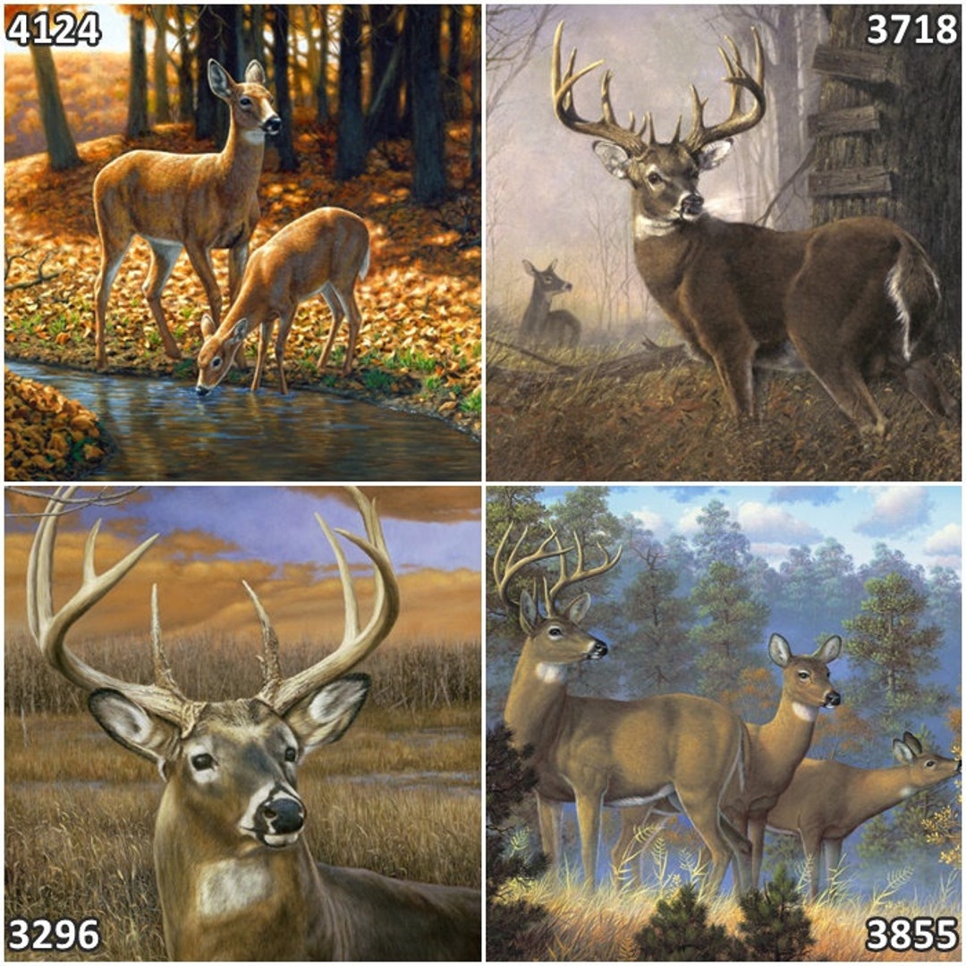 Scenic Deer, Buck, Doe 100% Cotton Fabric 1 Yard Panels by David ...