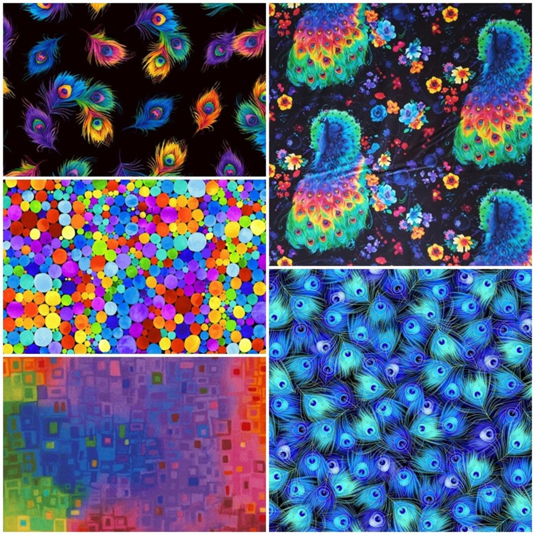 Bright Colors Rainbow Peacock Feathers 100% Cotton Fabric by Timeless ...