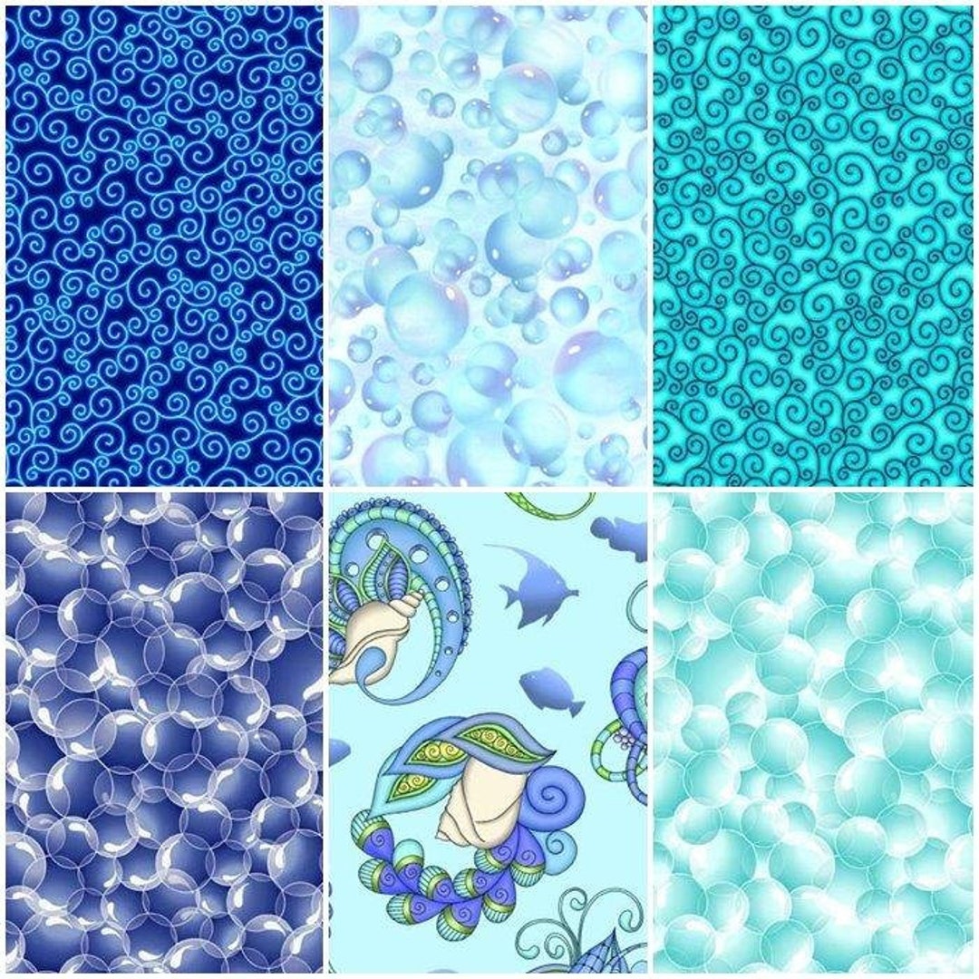 Aqua & Navy Seashell Mystique Paisley, Shells, Bubbles, and Scroll 100% ...