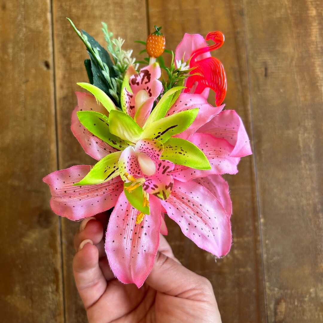 Tropical Tiki Party Pink Flamingo Lime Lily Flower Clip - Etsy