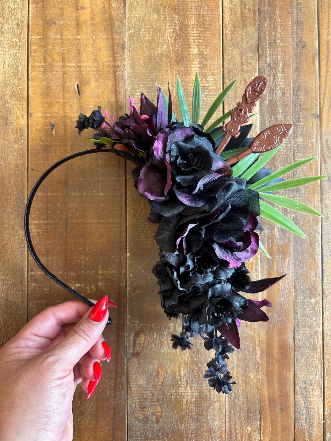 Tropical Goth Tiki Flower Crown Vamp Black With Swizzle Sticks - Etsy