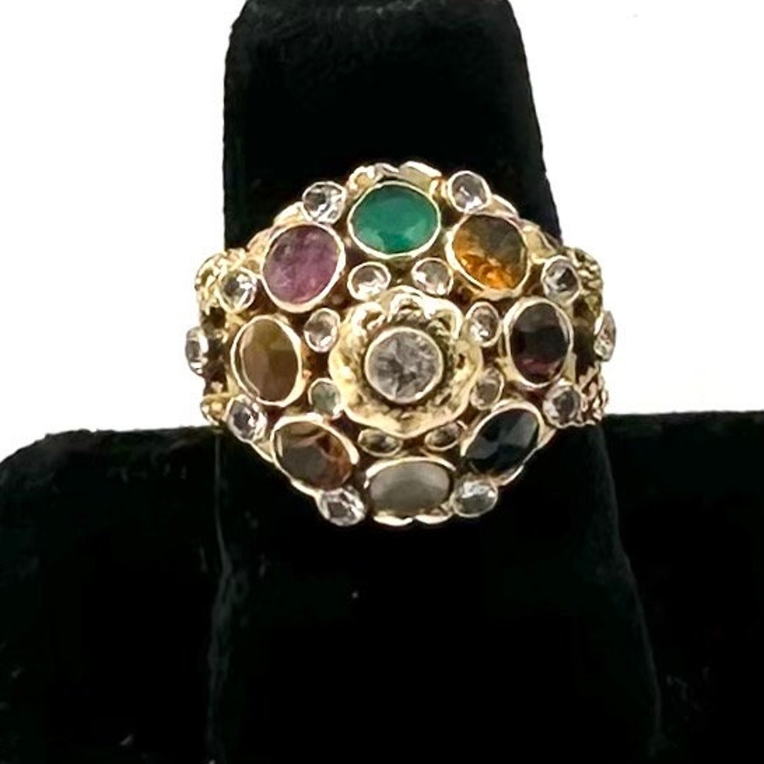 Vintage 14K Gold THAI PRINCESS MOGUL Ring Multi Gemstone Harem Ring Sz ...