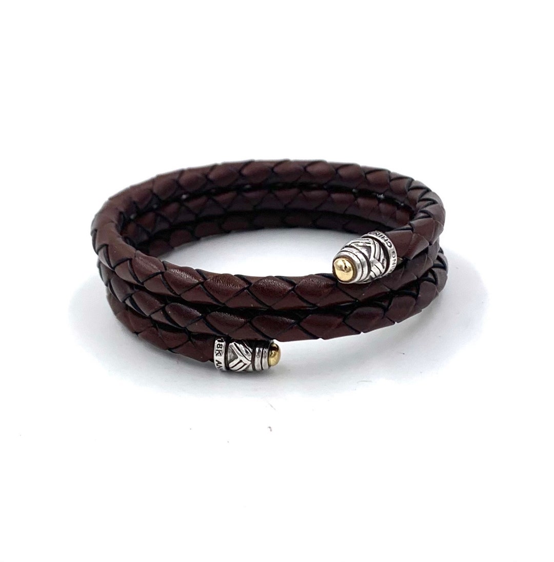 Vintage ANN KING BANGLE Bracelet 18k Gold Sterling Silver End Caps Braided Brown Leather - Etsy