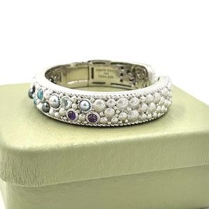 JUDITH RIPKA CUFF Bracelet Sterling Silver Pearl Amethyst Hinged Cuff ...