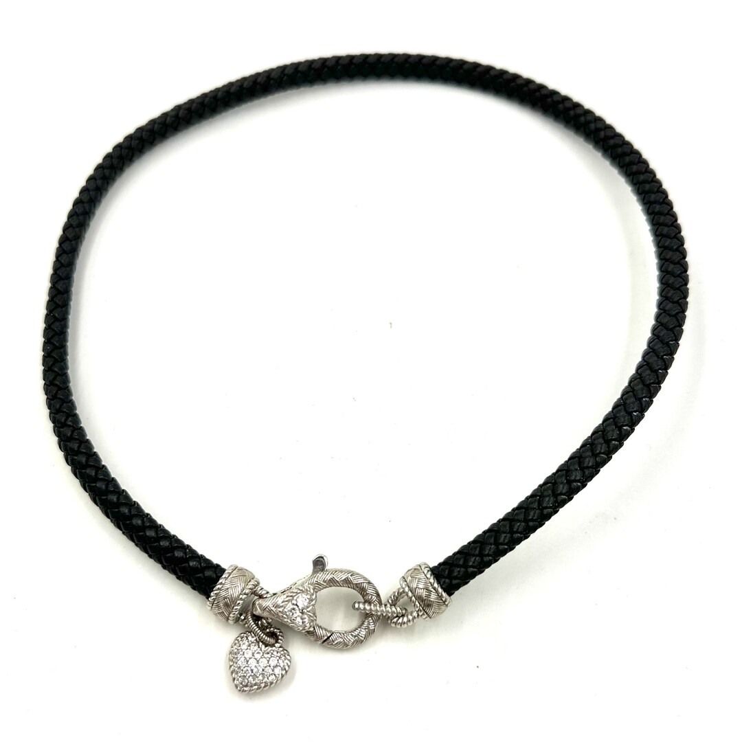 JUDITH RIPKA NECKLACE Choker Black Braided Leather & Sterling Silver ...
