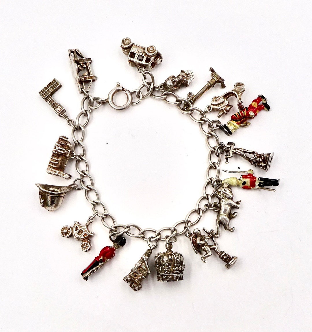 Vintage London Sterling Silver Charm Bracelet: Enamel Travel Charms ...