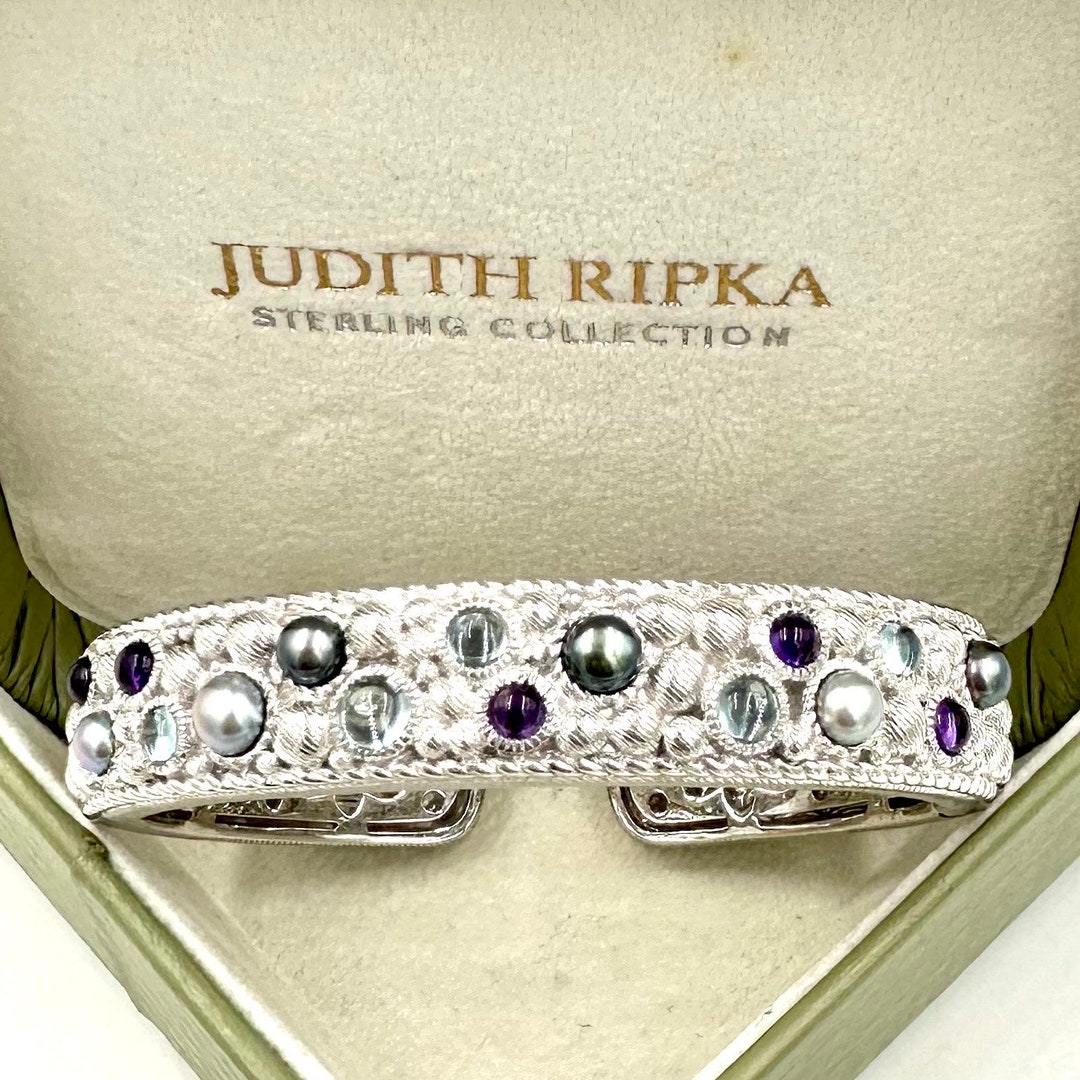 JUDITH RIPKA CUFF Bracelet Sterling Silver Pearl Amethyst Hinged Cuff ...