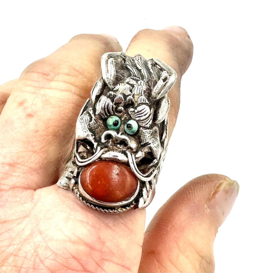 Antique CHINESE QUILIN DRAGON Ring Sterling Silver Turquoise Coral ...