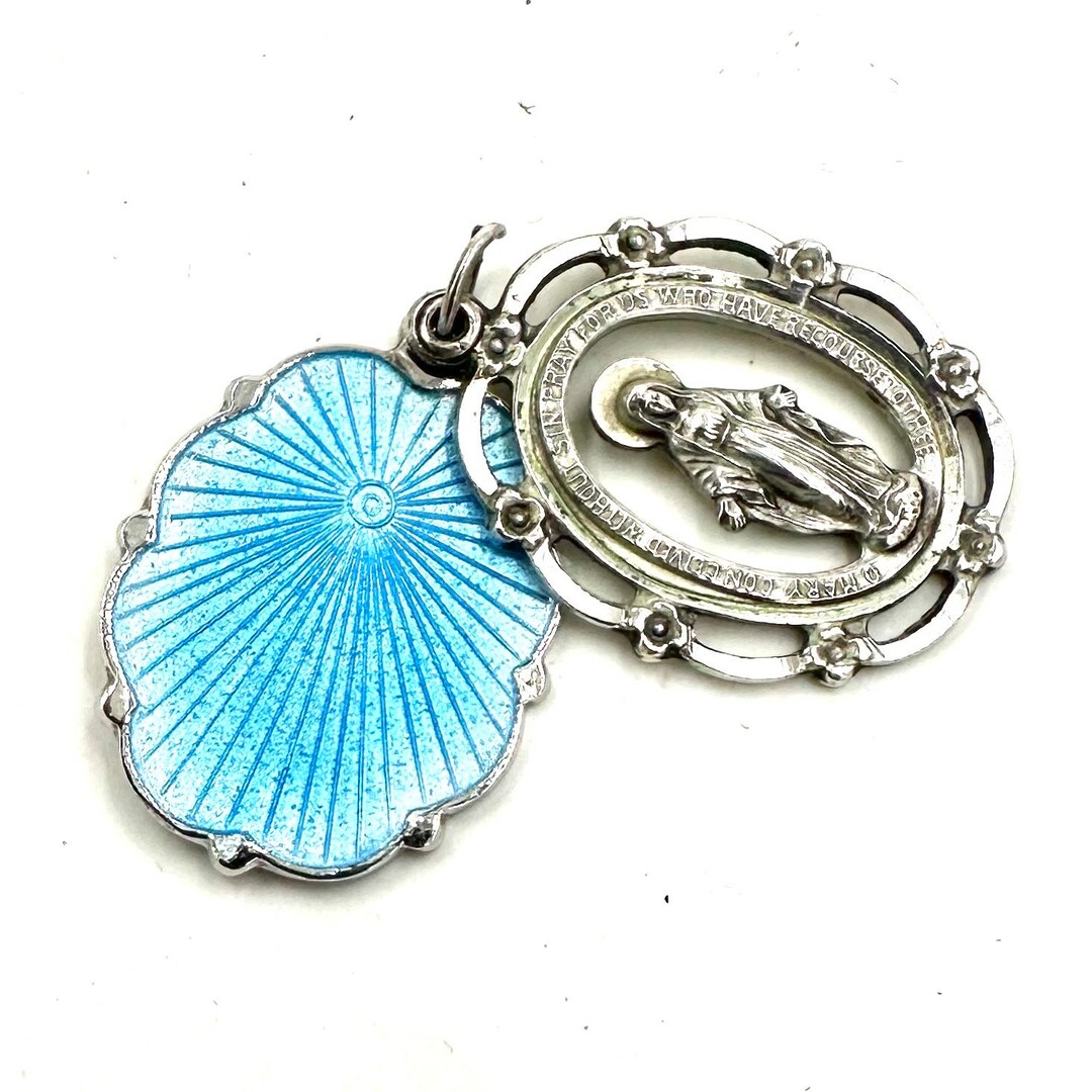 Vintage CATHOLIC MIRACULOUS MEDAL Sterling Silver Enamel Slide Virgin Mary Sacred Heart ...