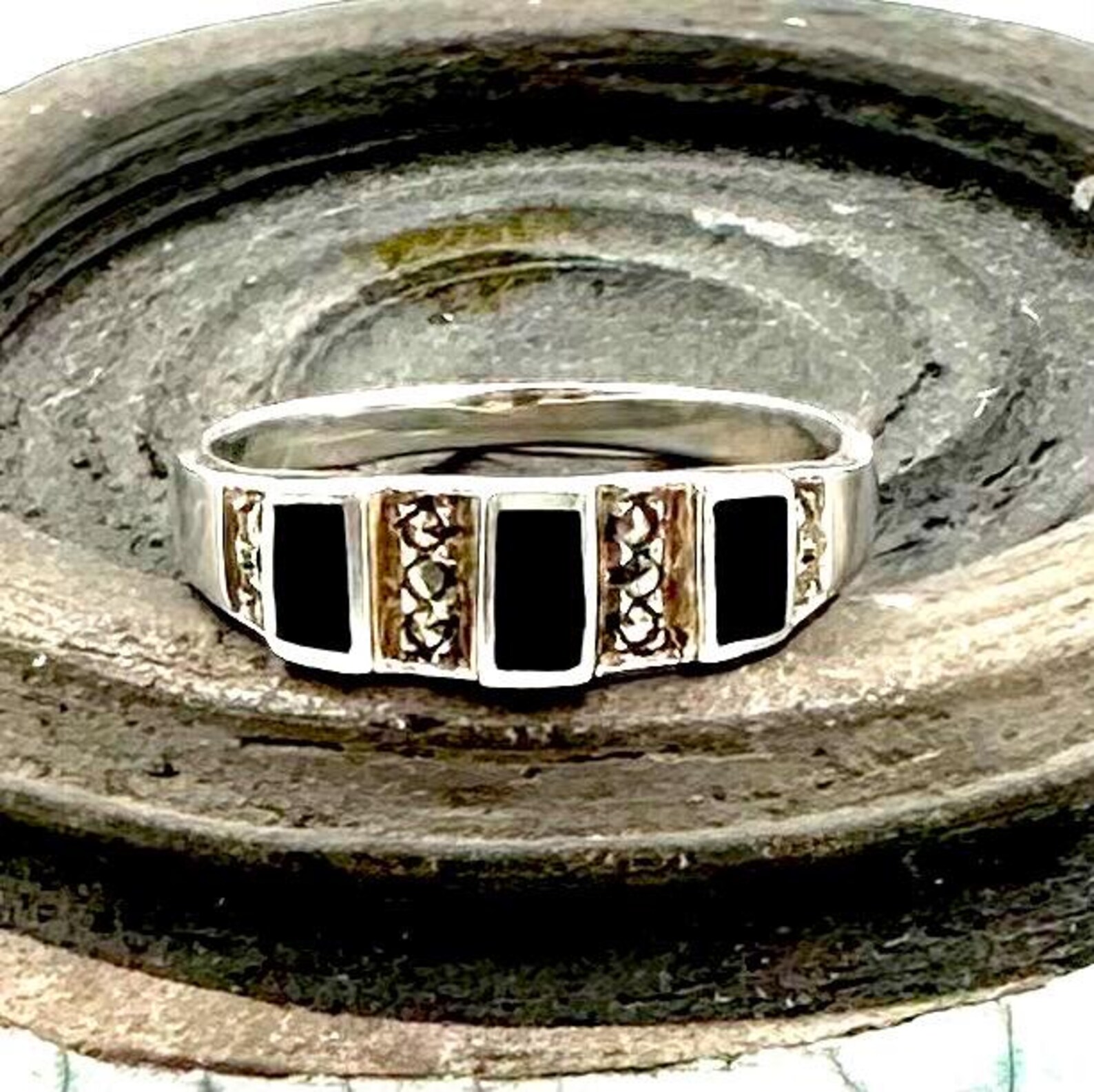 JUDITH JACK RING Sterling Silver Marcasite Black Onyx Band Ring Sz 9 ...