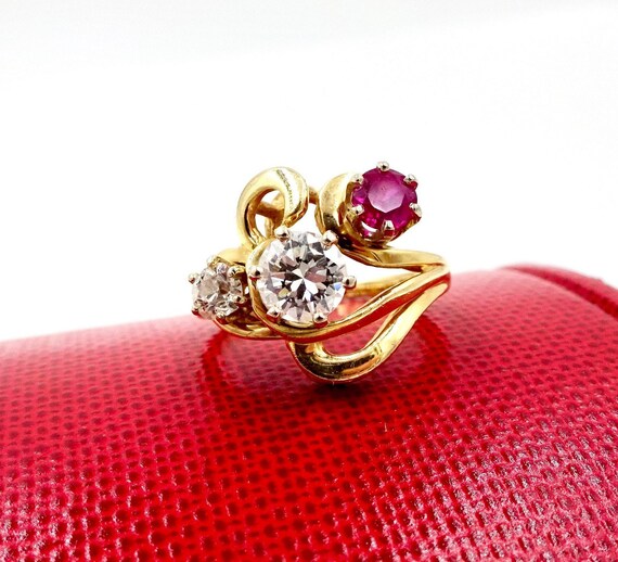Contemporary 14k GOLD DIAMOND RING Two Diamonds One Ruby | Etsy