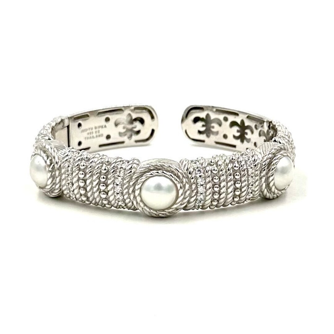 JUDITH RIPKA CUFF Bracelet Sterling Silver Cz Triple Pearl Diamonique ...