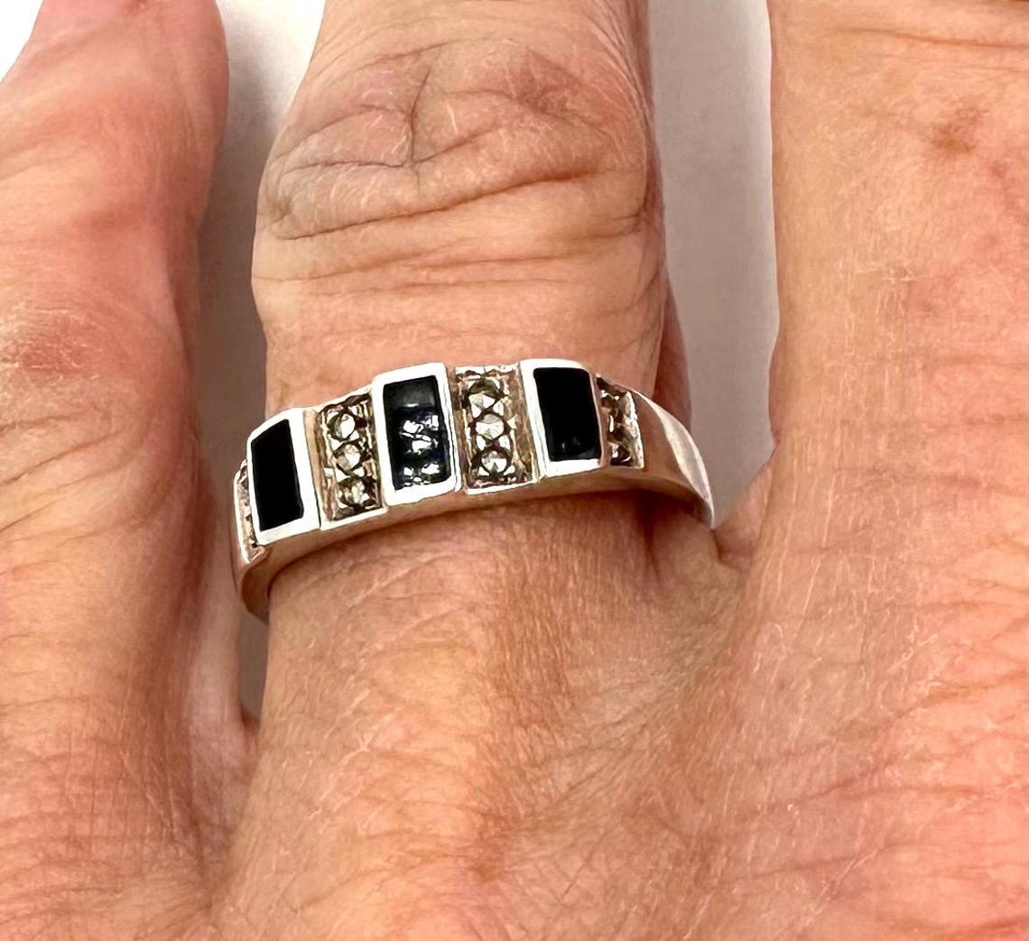 JUDITH JACK RING Sterling Silver Marcasite Black Onyx Band Ring Sz 9 ...