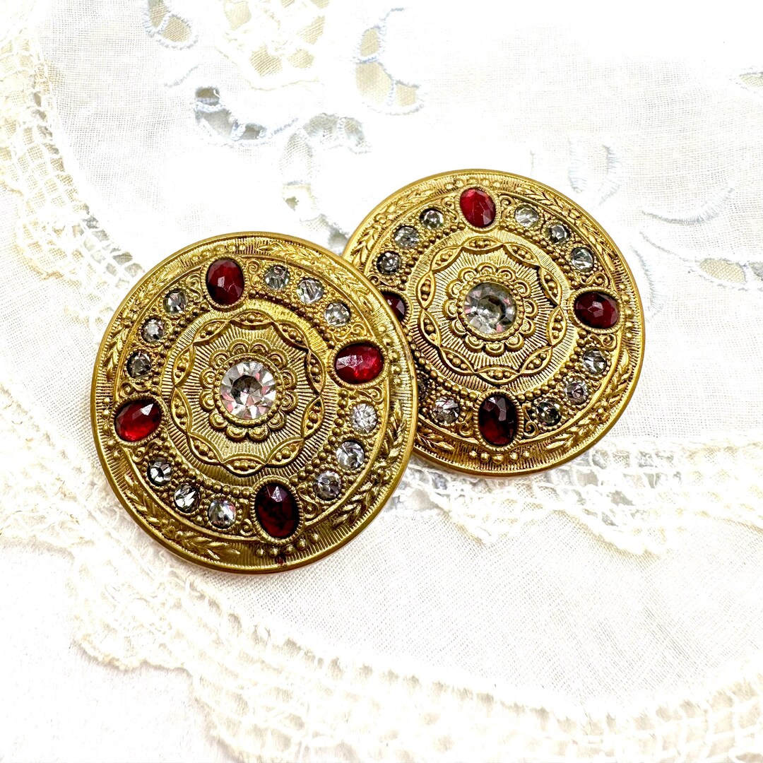 Antique Gesetzlich Geschutzt BUTTONS Brass Paste Rhinestone Red Glass ...
