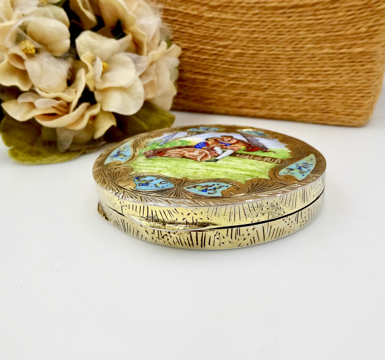 Gilt 800 SILVER ENAMEL COMPACT Italy Enamel Courting Scene | Etsy