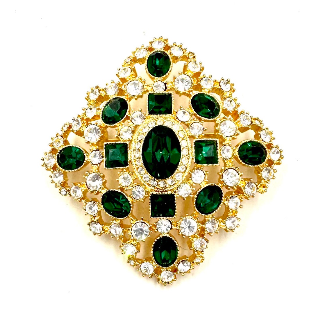 Vintage JOAN RIVERS PIN Brooch Gold Green Clear Rhinestones Rare Silver ...