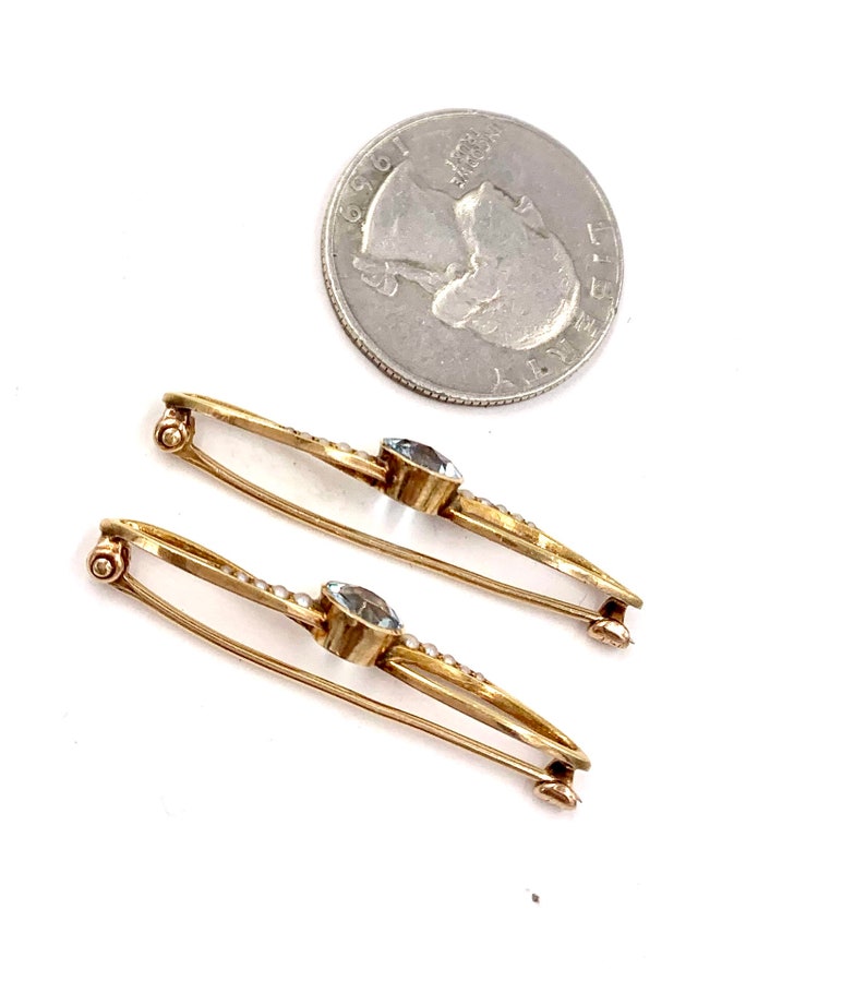 Antique GOLD BAR PINS 14K Yellow Gold Aquamarine & Seed Pearls - Etsy