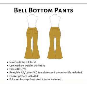 Bell Bottom Pants Pattern. Women's PDF Printable and Projector Sewing ...
