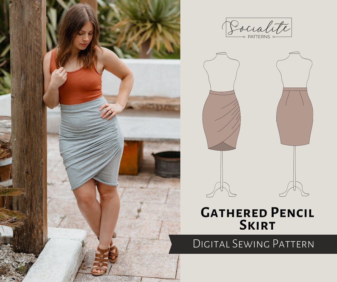 Gathered Pencil Skirt Pattern. Women's PDF Printable and Projector ...