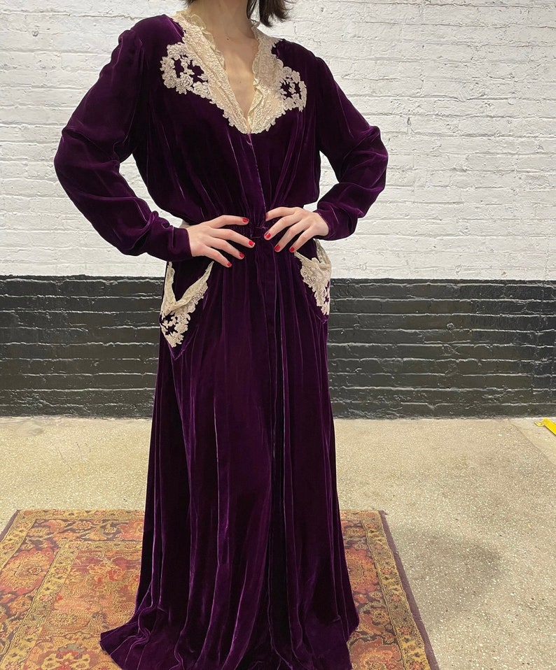 1930's 1940s Silk Velvet Plum Deep Purple Maroon Gown With Lace Dress ...